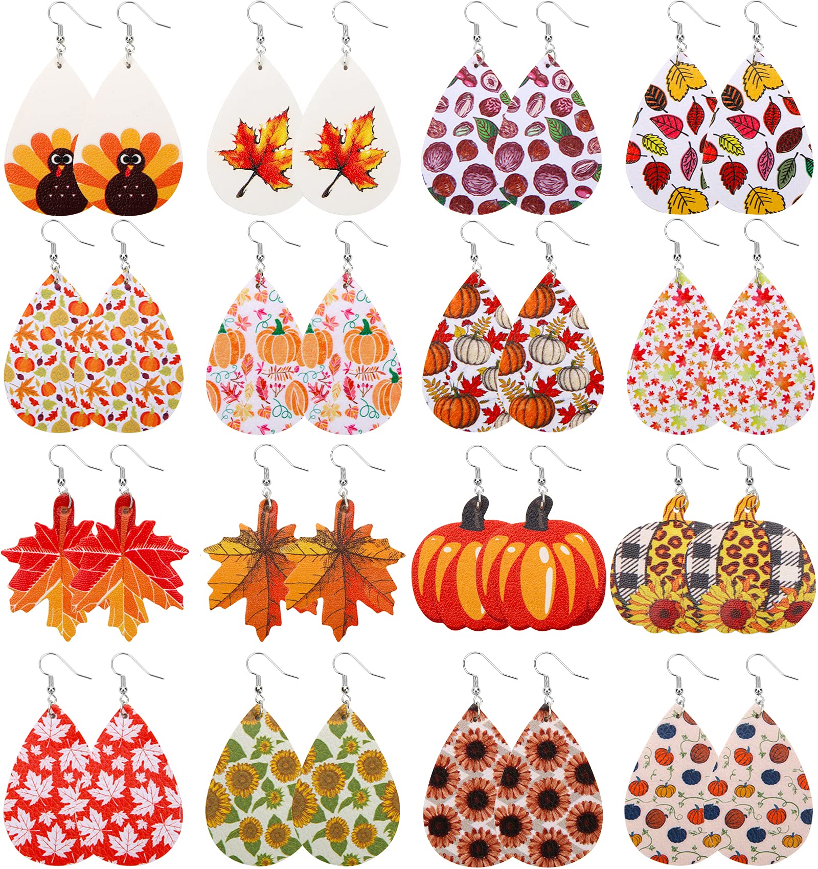 16 Pairs Fall Faux Leather Teardrop Earrings Plaid Pumpkin Sunflower Maple Leaves Autumn Jewelry Thanksgiving Accessory for Women