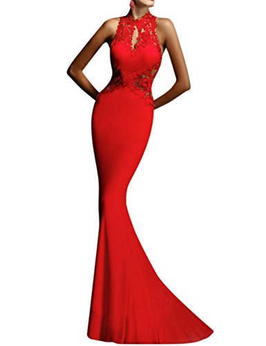GlorySunshine Women's Sheath Sexy Lace Backless Mermaid Bridal Flare Dress (M, New Red)
