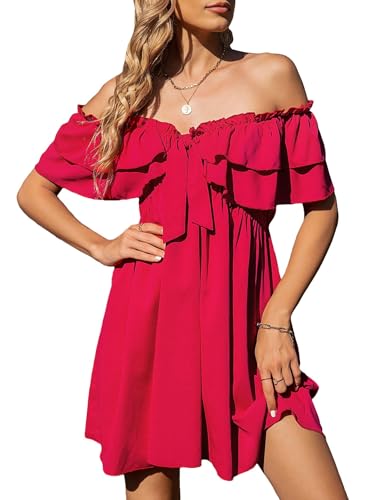 WDIRARA Women's Off Shoulder Frill Trim Short Sleeve Tie Front Flare Dress Red L