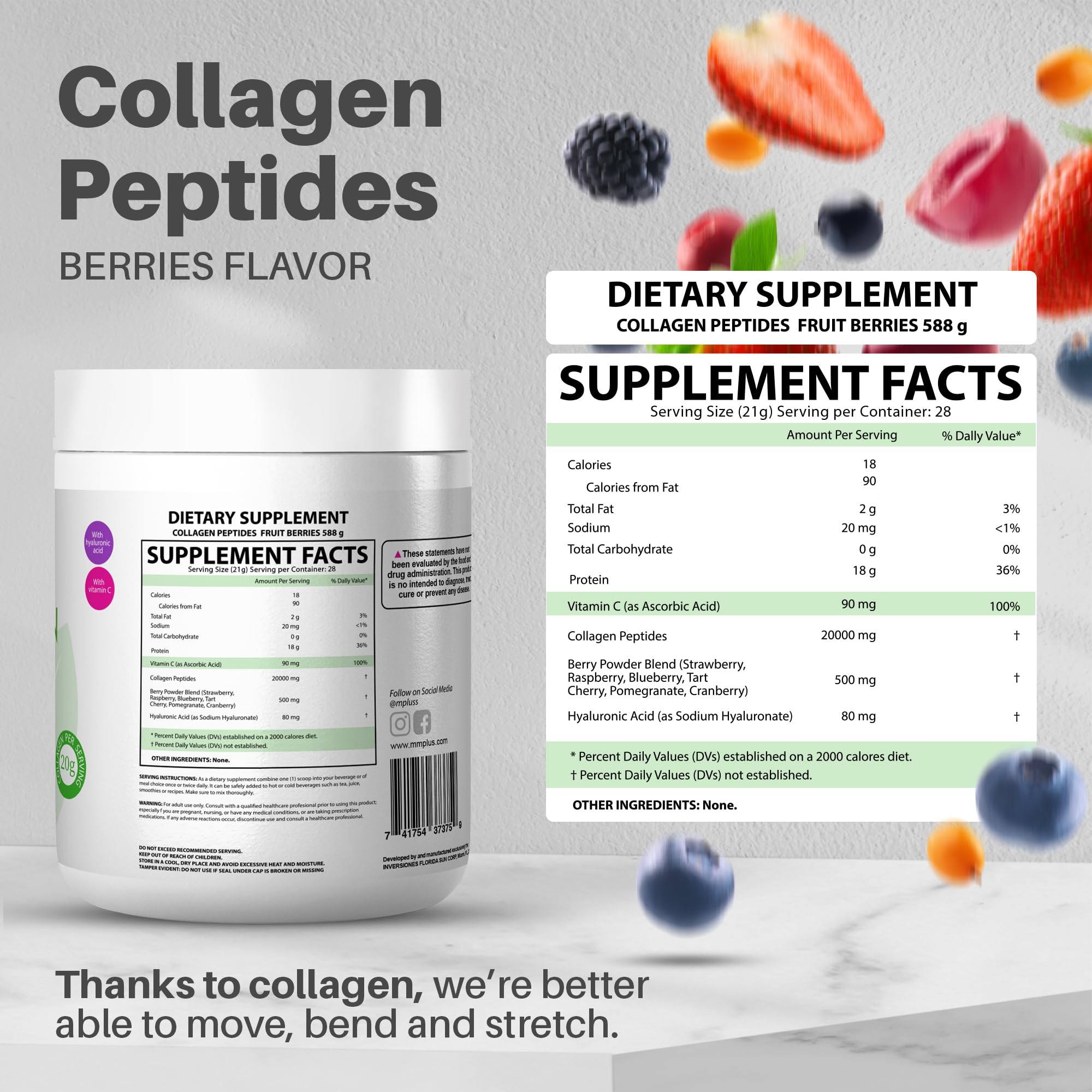 M+S Collagen Peptides Powder with Vitamin C and Hyaluronic Acid, Improves Elasticity, Hair, Skin, Nails and Joint β Sugar Free, 1.29 Lb (Berries Flavor)