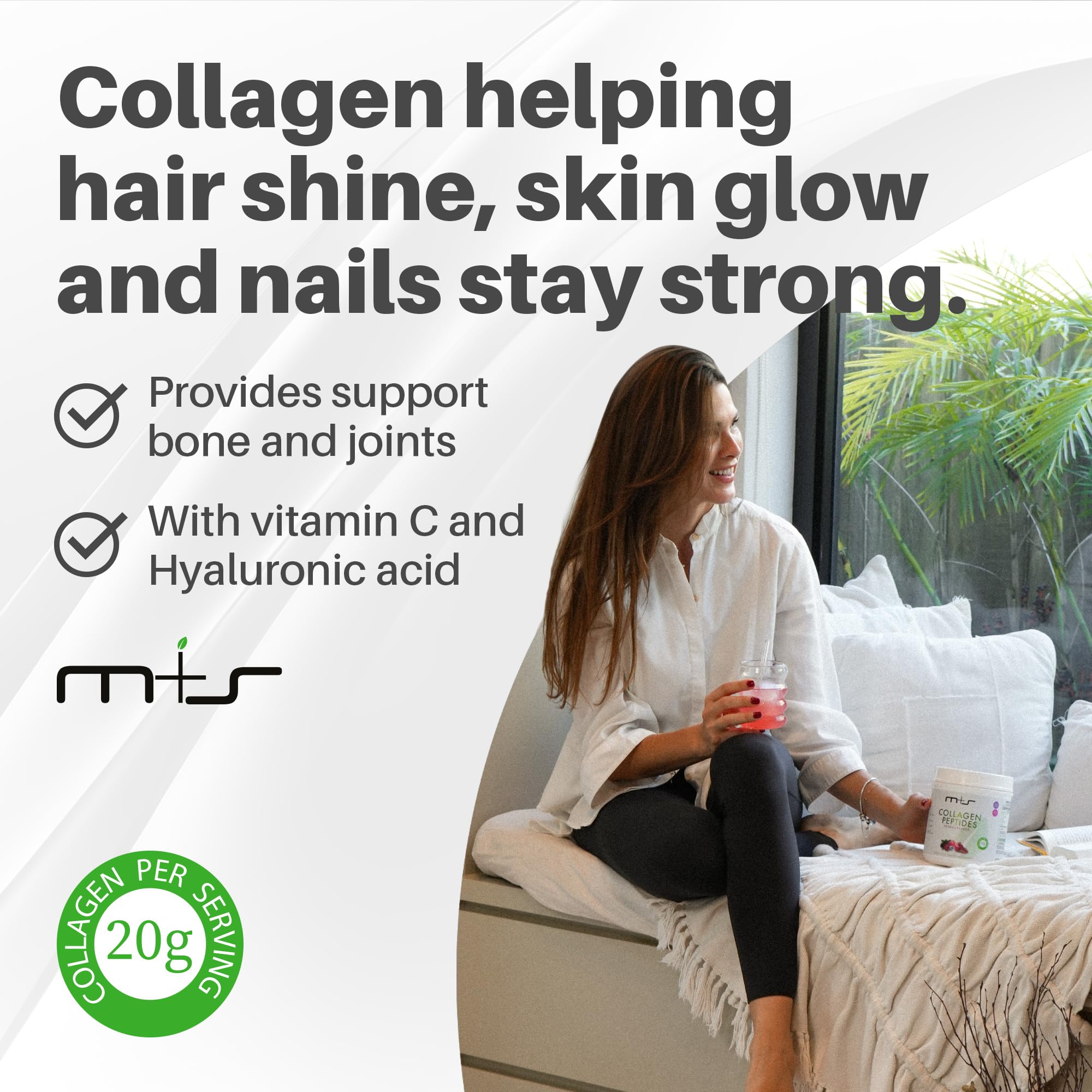 M+S Collagen Peptides Powder with Vitamin C and Hyaluronic Acid, Improves Elasticity, Hair, Skin, Nails and Joint β Sugar Free, 1.29 Lb (Berries Flavor)