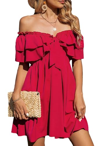 WDIRARA Women's Off Shoulder Frill Trim Short Sleeve Tie Front Flare Dress Red L