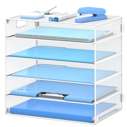 DALTACK 5-Tier Letter Tray Paper Organizer, File Organizer Paper Sorter, Desk Organizer with Handle for Office Supplies,White…