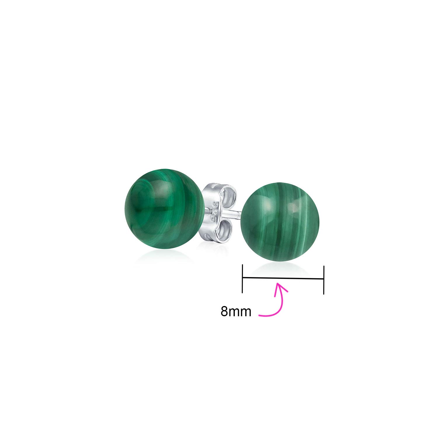 Simple Gemstone Green Malachite Round Ball Stud Earrings For Women .925 Sterling Silver 8MM