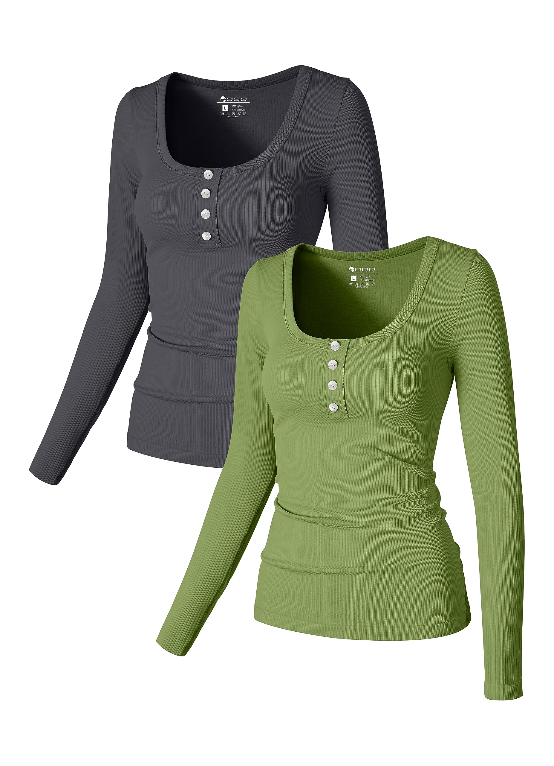 OQQ Women's 2 Piece Long Sleeve Seamless Ribbed Button Stretch Shirt, Darkgrey,avocado Green, Large