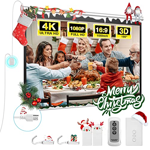 Powerextra 100 Inch Motorized Projector Screen with Wireless Remote Control 16:9 4K HD Wall/Ceiling Mounted Electric Movie Screen for Home Theater Presentation Education Outdoor Indoor