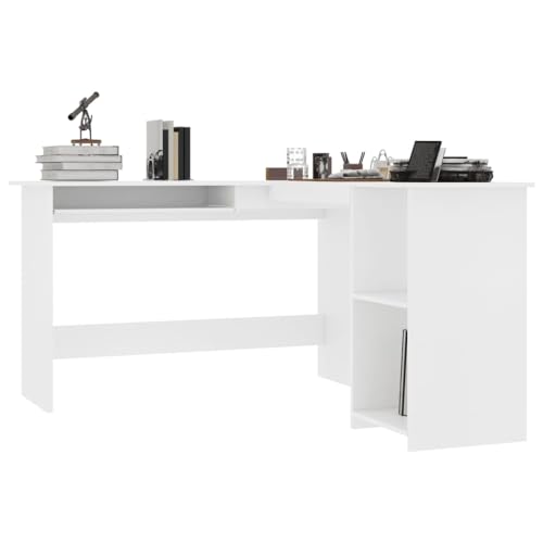 vidaXL Corner Desk, L-Shaped Computer Desk with Pull-Out Keyboard Tray, Home Office Desk, Workstation, Modern, White Engineered Wood