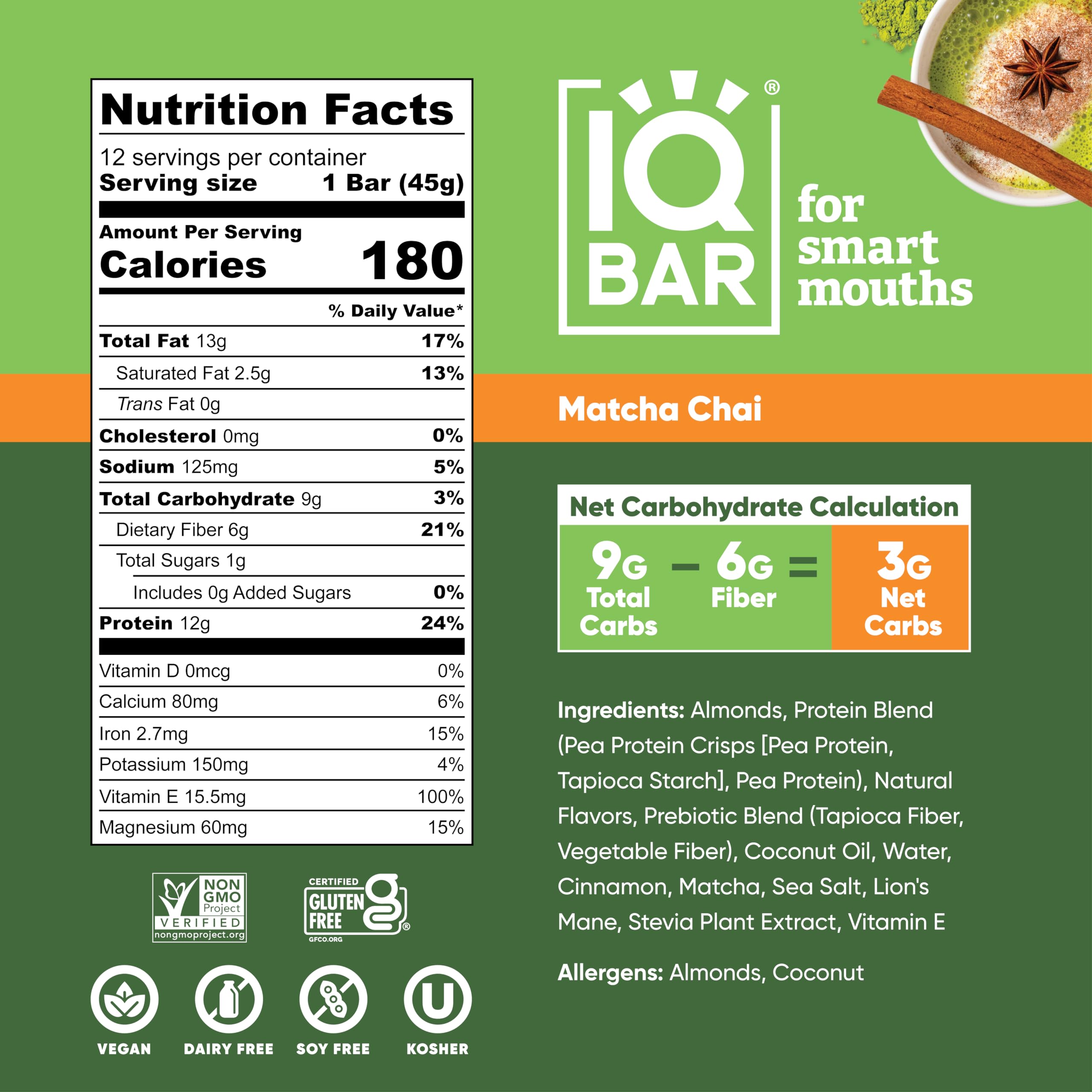 IQBAR Brain and Body Plant Protein Bars - Matcha Chai - 12-Count Low Carb - Gluten Free, High Fiber, Vegan Snacks - Low Sugar Meal Replacement