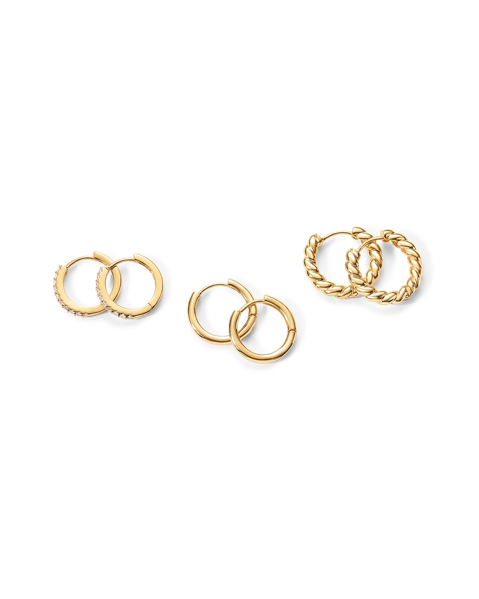 PAVOI 18K Yellow Gold Plated 925 Sterling Silver Posts 3 Pairs Small Hoop Earrings for Women - Cubic Zirconia Plain Rope Huggie Hoops Pack - Lightweight Earrings Set
