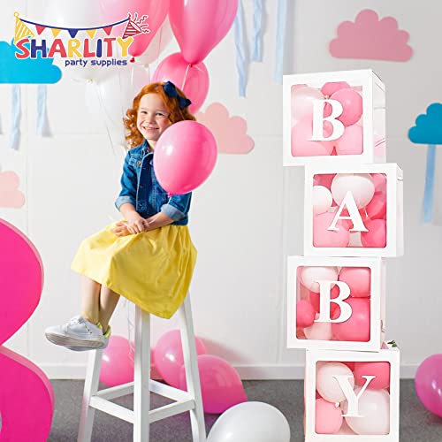 Sharlity Baby Boxes with Letters for Shower, 4 Pcs Balloon 16 Gender Reveal Decorations, Birthday Party Decorations (White)