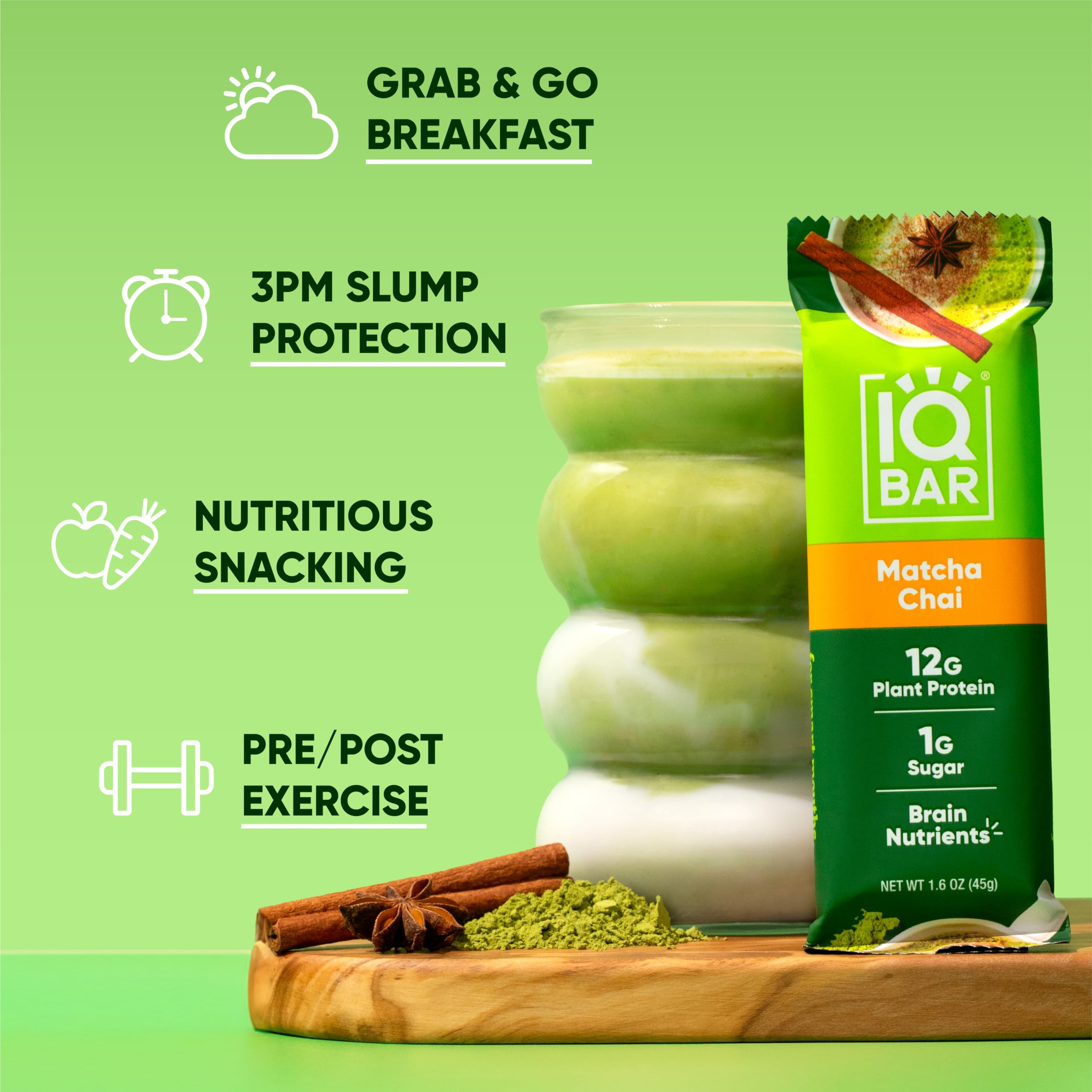 IQBAR Brain and Body Plant Protein Bars - Matcha Chai - 12-Count Low Carb - Gluten Free, High Fiber, Vegan Snacks - Low Sugar Meal Replacement