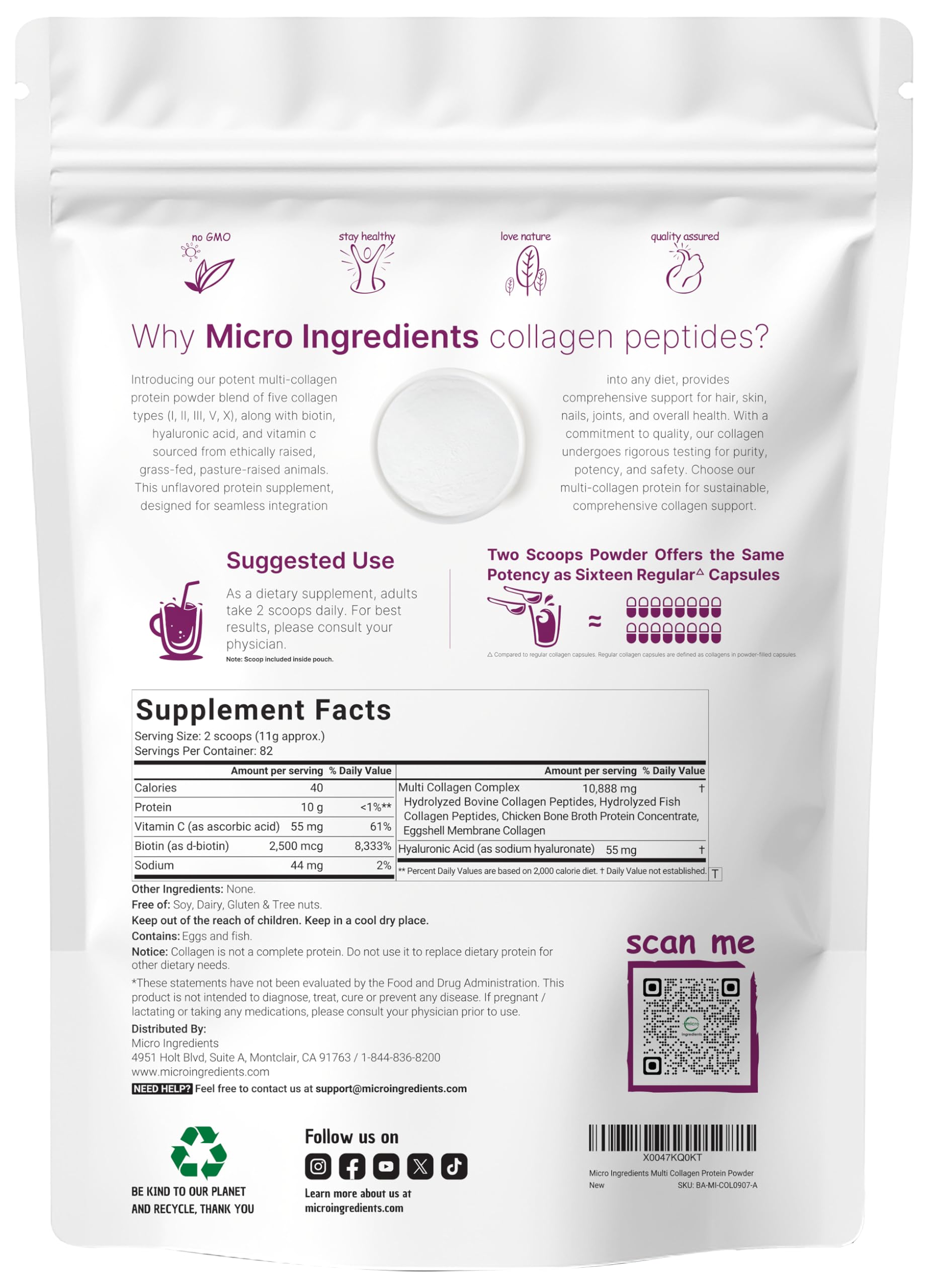 Multi Collagen Protein Powder, 2lbs – Hydrolyzed Collagen Peptides | Type I,II,III,V,X with Biotin 10000mcg, Hyaluronic Acid, Vitamin C – Unflavored – Keto & Paleo Friendly, Easy Dissolve, Non-GMO