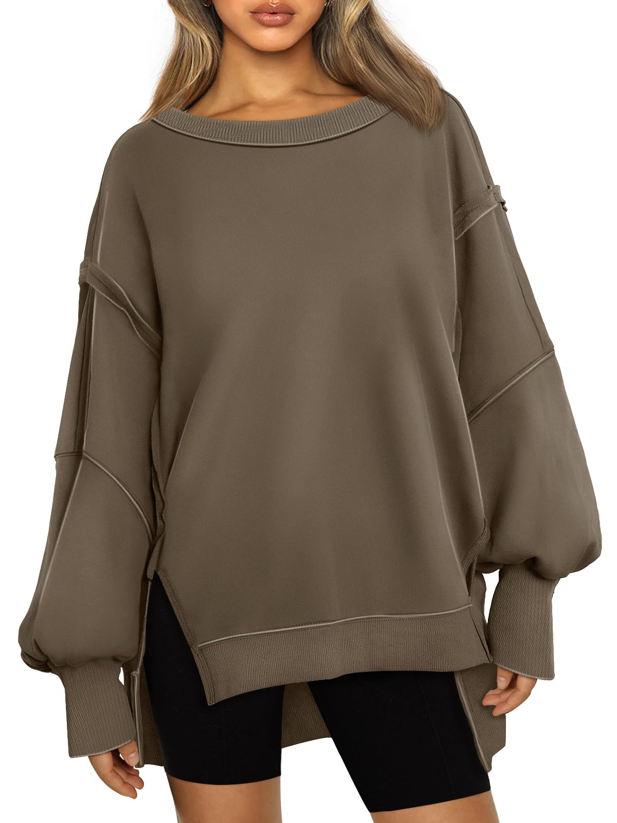 Trendy Queen Womens Oversized Sweatshirts Hoodies Crewneck Shirts Fall Outfits Teen Girls Y2k Winter Clothes Light Coffee XL