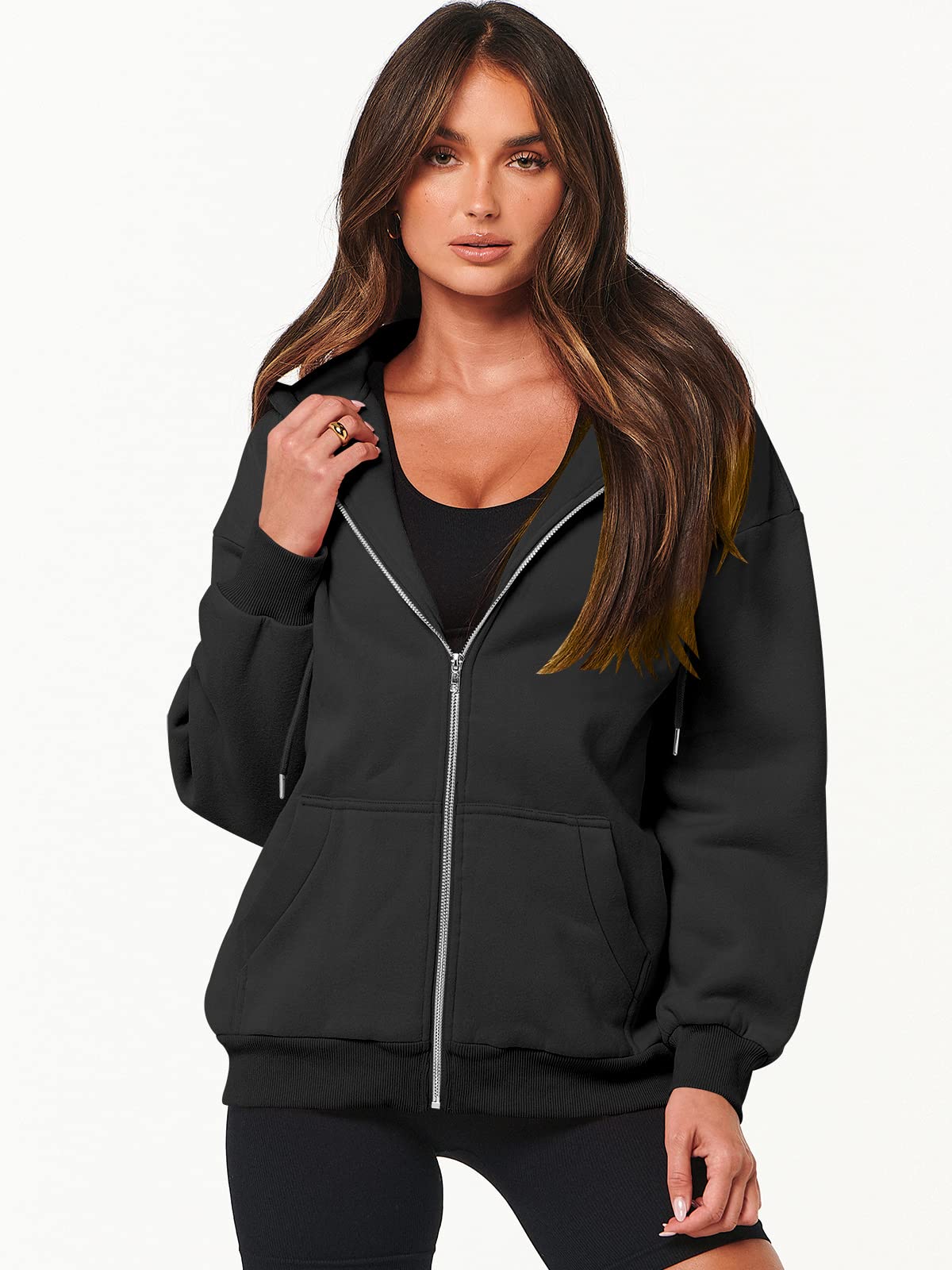 ANRABESS Womens Zip Up Hoodies Long Sleeve Oversized Sweatshirts Fleece Y2K Jacket Pockets 2025 Fall Outfits Fashion Clothes Black Large