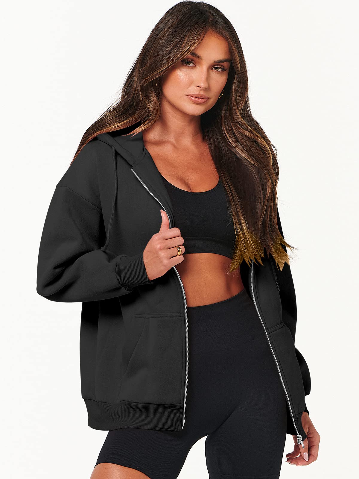 ANRABESS Womens Zip Up Hoodies Long Sleeve Oversized Sweatshirts Fleece Y2K Jacket Pockets 2025 Fall Outfits Fashion Clothes Black Large