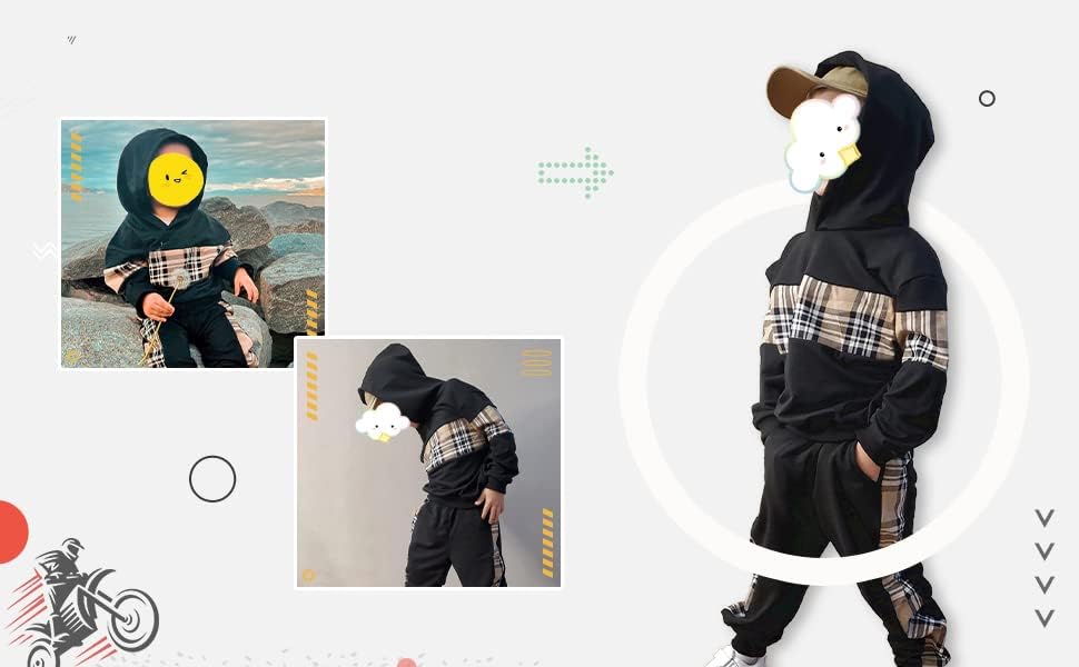 FoWear Toddler Boy Clothes Kid Fall Outfit Plaid Patchwork Hooded Long Sleeve Sweatshirt Pants Outfits Sets 5-6 Years