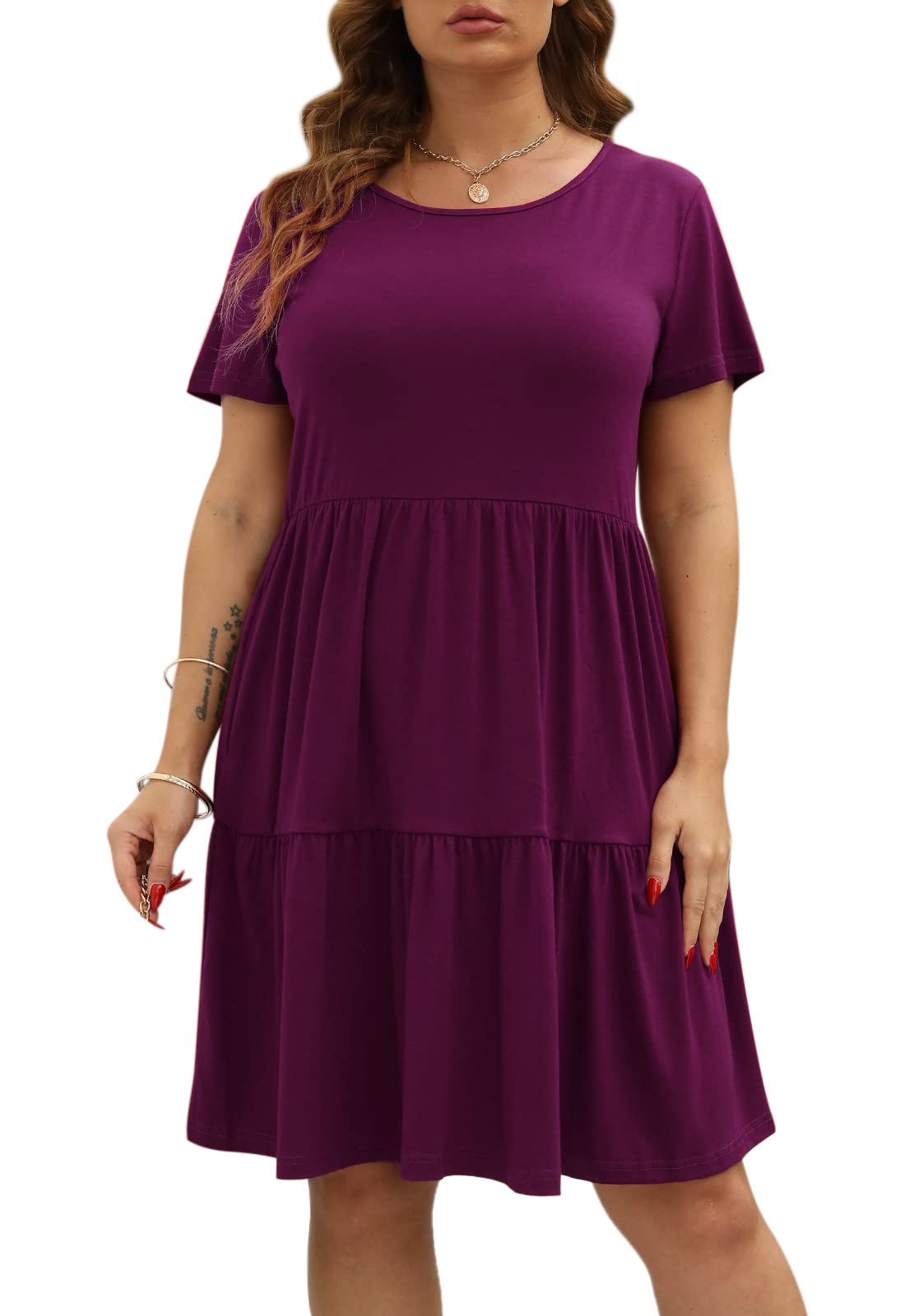 Nemidor Womens Plus Size Casual Ruffle Dress Short Sleeve Layered Swing Midi T Shirt Dress with Pocket NEM298 (20, Purplish Red)