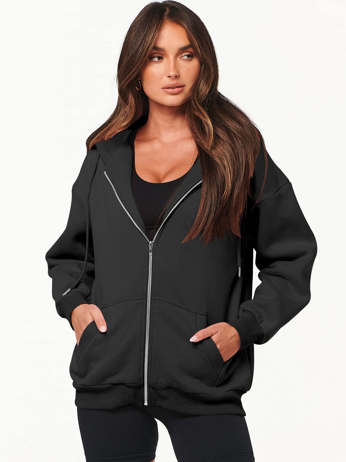 ANRABESS Womens Zip Up Hoodies Long Sleeve Oversized Sweatshirts Fleece Y2K Jacket Pockets 2025 Fall Outfits Fashion Clothes Black Large