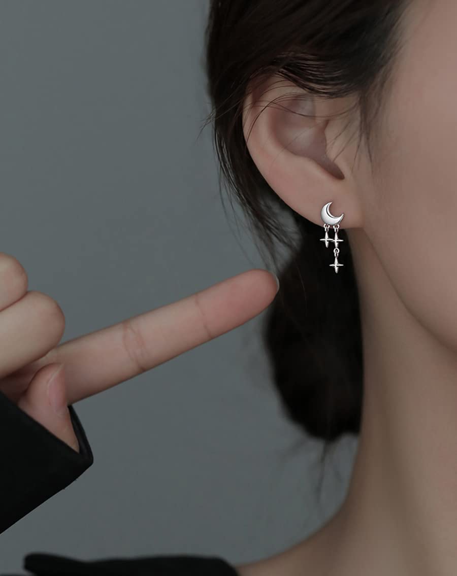 SLUYNZ 925 Sterling Silver Tiny Moon Star Earrings Studs for Women Teen Girls Small Moon Studs Earrings Star Drop (A-Silver)