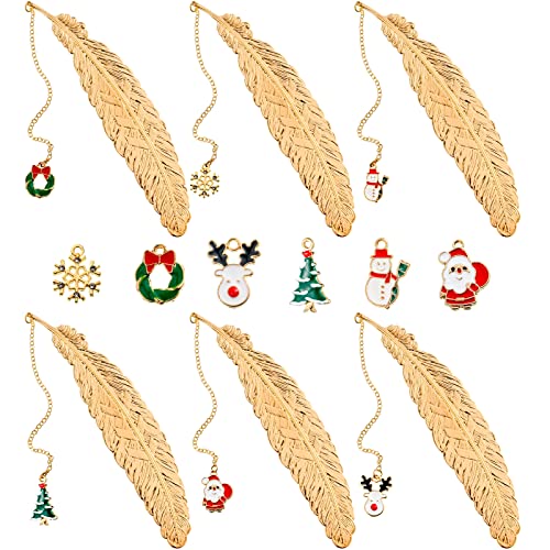 6 Pieces Christmas Series Metal Feather Pendant Bookmarks 3D Gold Feather Bookmarks Vintage Feather Bookmarks Beautiful Gi ft for Kids Students Teachers Friends Reading Page Marker Bookend