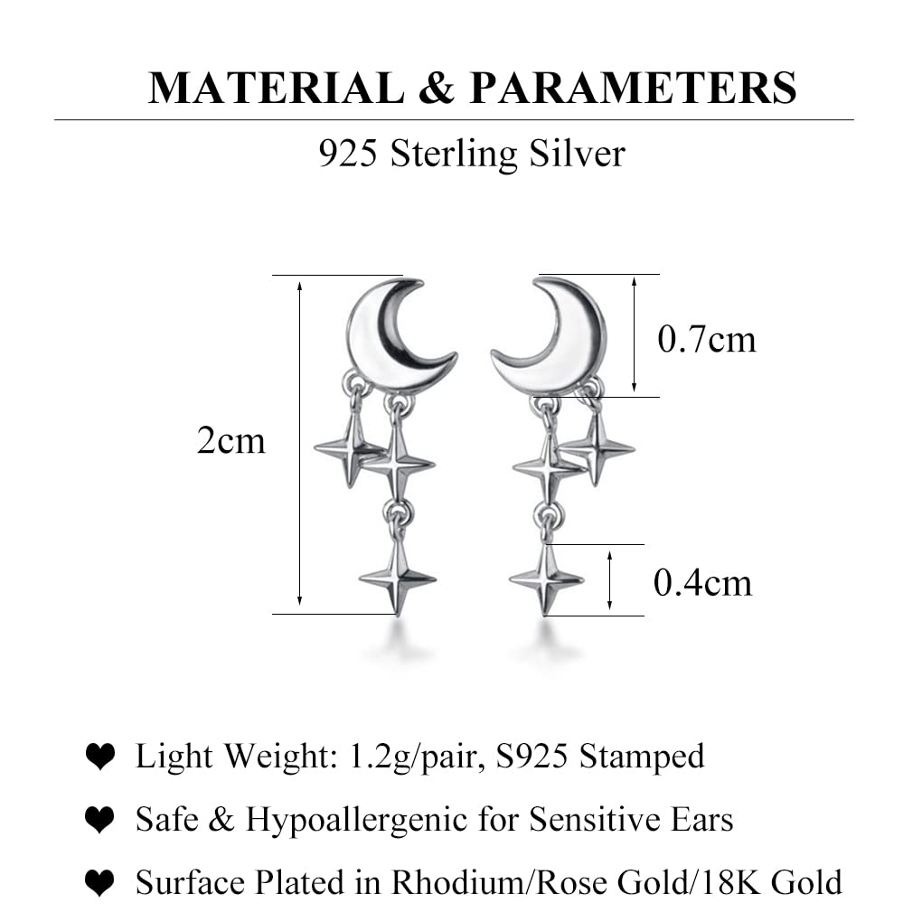 SLUYNZ 925 Sterling Silver Tiny Moon Star Earrings Studs for Women Teen Girls Small Moon Studs Earrings Star Drop (A-Silver)