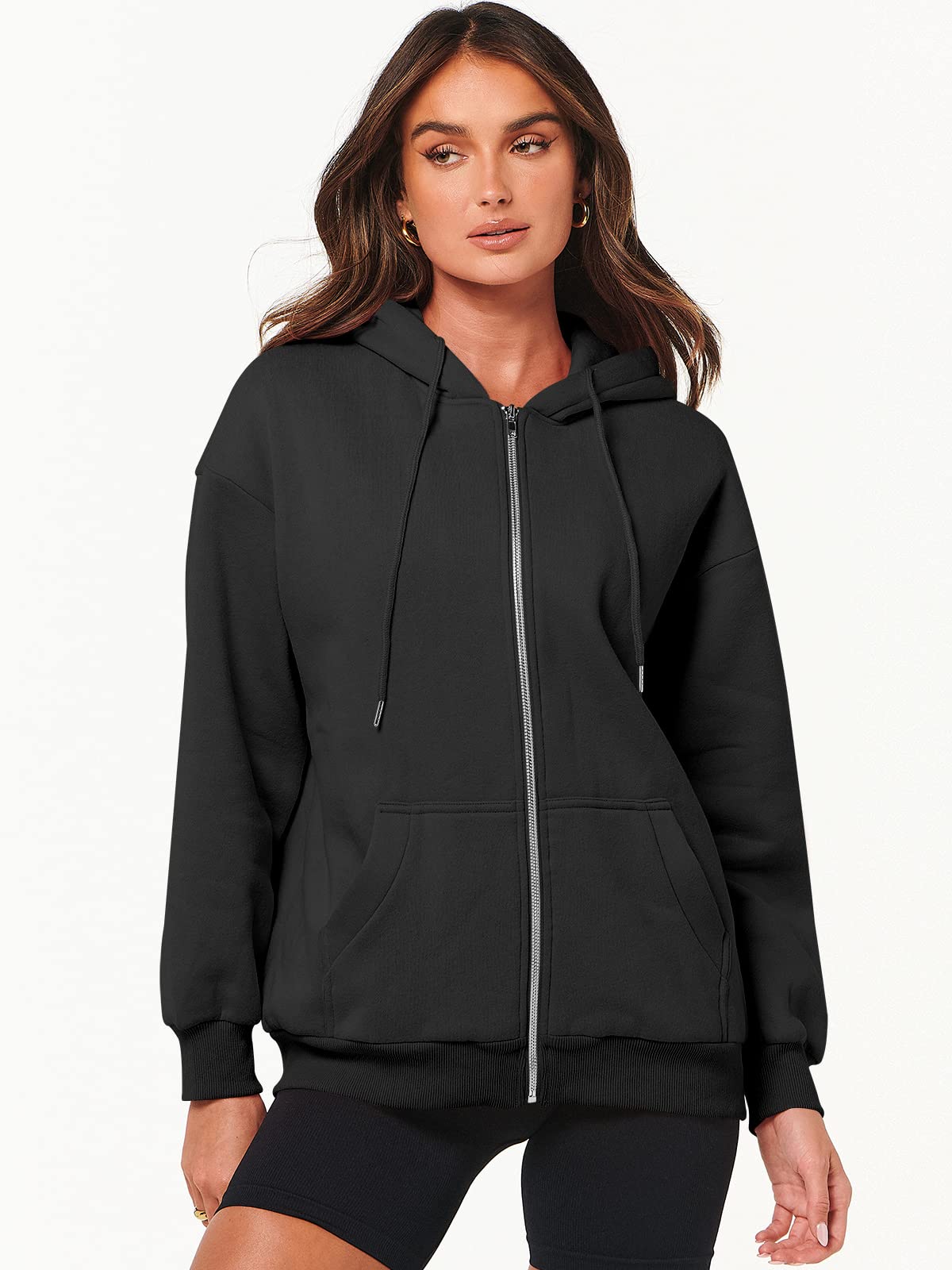 ANRABESS Womens Zip Up Hoodies Long Sleeve Oversized Sweatshirts Fleece Y2K Jacket Pockets 2025 Fall Outfits Fashion Clothes Black Large