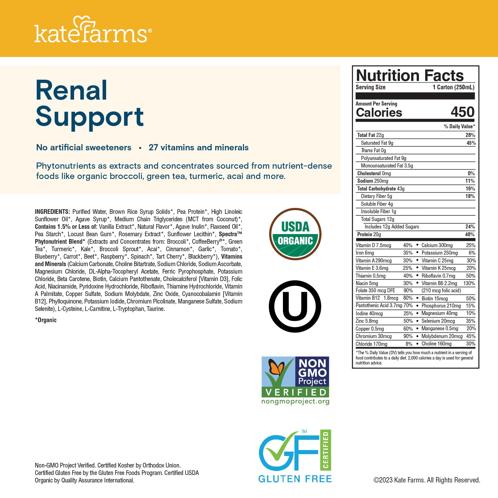 KATE FARMS Organic Plant Based 1.8 Renal Support Shake, Vanilla, 20g Protein, 27 Vitamins and Minerals, Specialized Dialysis Nutrition Support, Gluten Free and Non-GMO 8.45 oz (6 Pack)