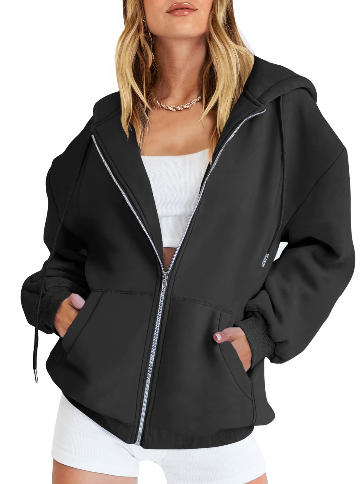 ANRABESS Womens Zip Up Hoodies Long Sleeve Oversized Sweatshirts Fleece Y2K Jacket Pockets 2025 Fall Outfits Fashion Clothes Black Large
