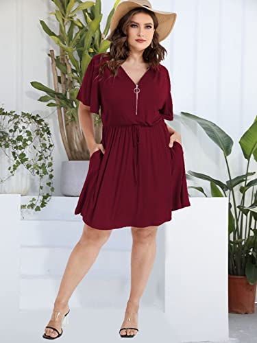 vepeabak Womens Plus Size Dress Zipper V Neck Solid Flutter Short Sleeve Tie Waist Mini Dress with Pockets(Wine Red,3XL)