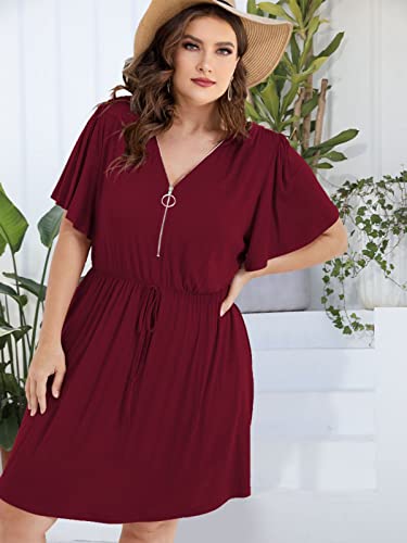 vepeabak Womens Plus Size Dress Zipper V Neck Solid Flutter Short Sleeve Tie Waist Mini Dress with Pockets(Wine Red,3XL)