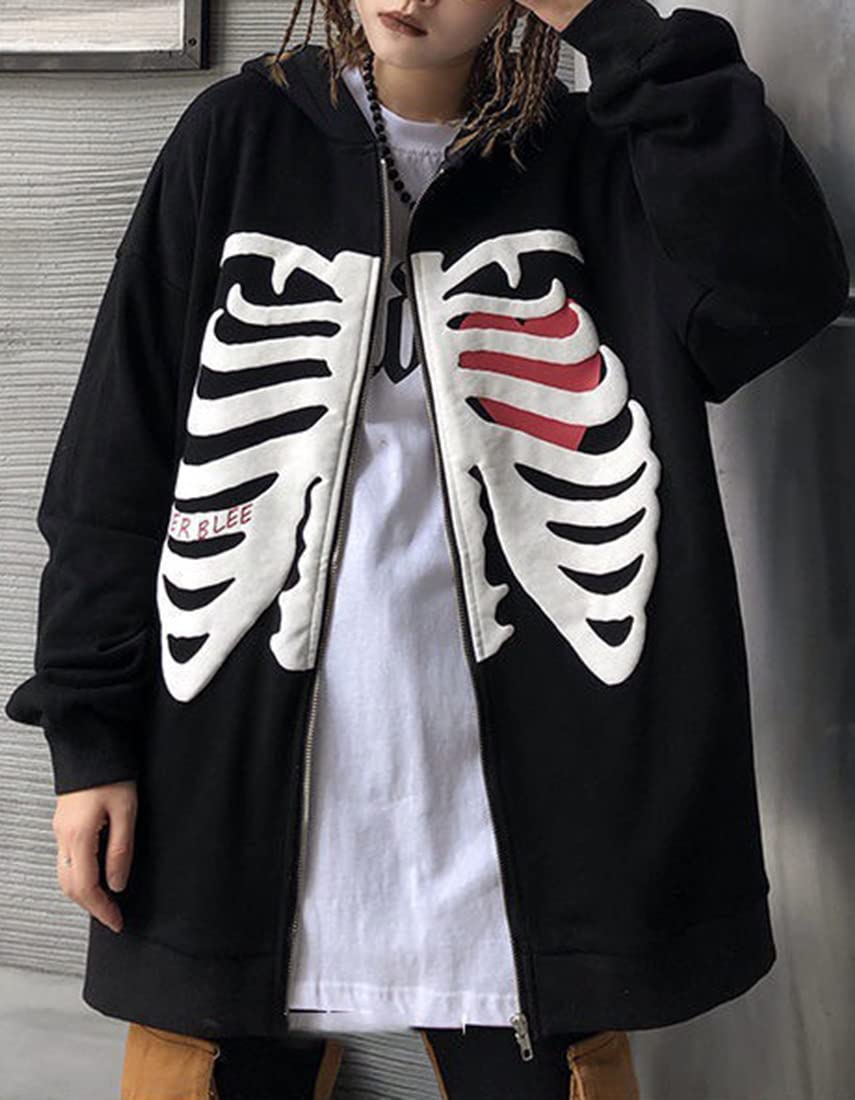 WINKEEY Women's Zip Up Skeleton Print Hoodie Y2K Long Sleeve Hooded Jacket Sweatshirt (M,Black)
