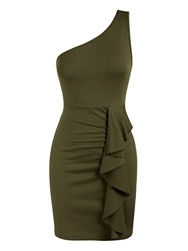 ZAFUL Women's 2024 Summer Ruched Mini Dress One Shoulder Sleeveless Party Cocktail Bodycon Short Dresses Army Green Medium