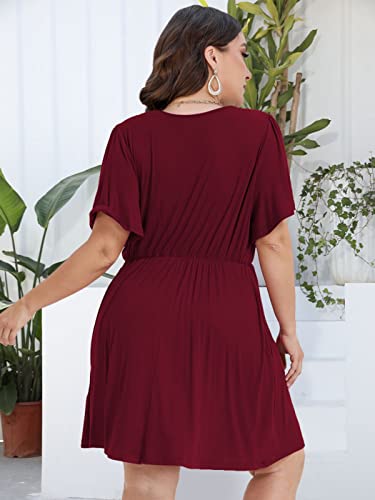 vepeabak Womens Plus Size Dress Zipper V Neck Solid Flutter Short Sleeve Tie Waist Mini Dress with Pockets(Wine Red,3XL)
