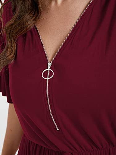 vepeabak Womens Plus Size Dress Zipper V Neck Solid Flutter Short Sleeve Tie Waist Mini Dress with Pockets(Wine Red,3XL)