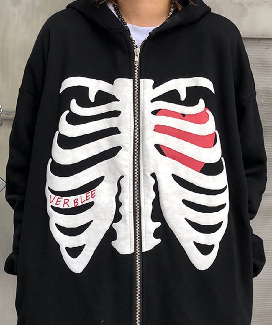 WINKEEY Women's Zip Up Skeleton Print Hoodie Y2K Long Sleeve Hooded Jacket Sweatshirt (M,Black)