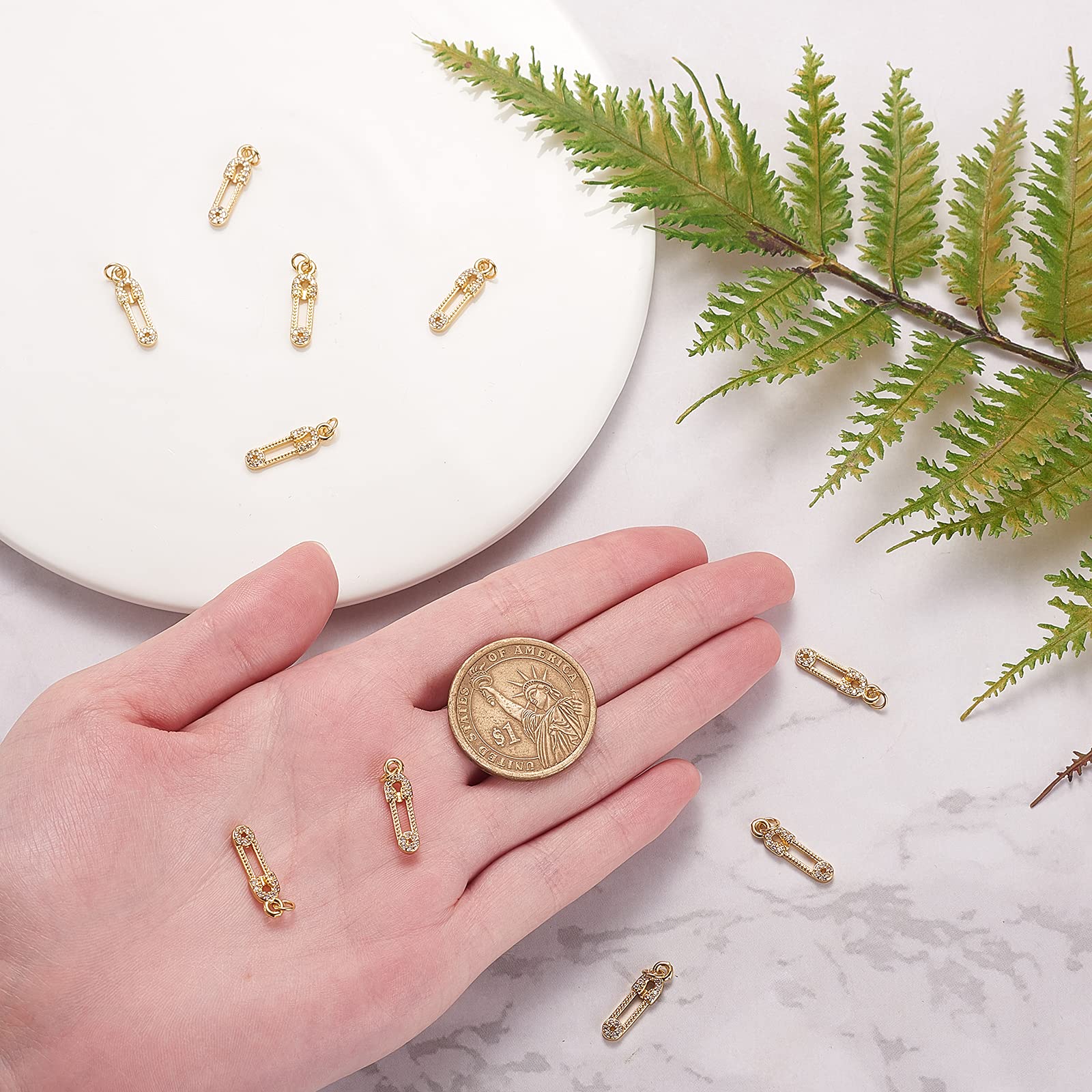 LiQunSweet 10 Pcs 17.5x5mm Safety Pin Shape Golden Brass Pendants with Clear Cubic Zirconia for Women Necklace Bracelet Earring Making