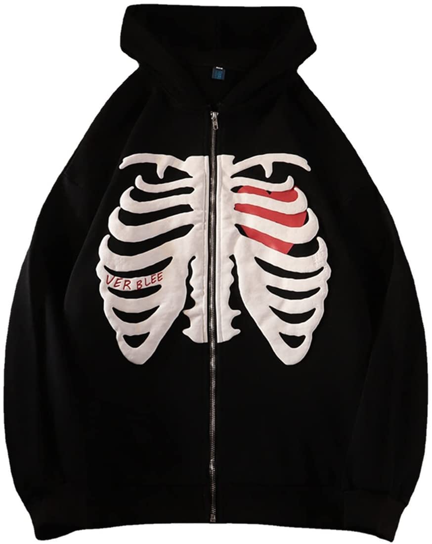 WINKEEY Women's Zip Up Skeleton Print Hoodie Y2K Long Sleeve Hooded Jacket Sweatshirt (M,Black)