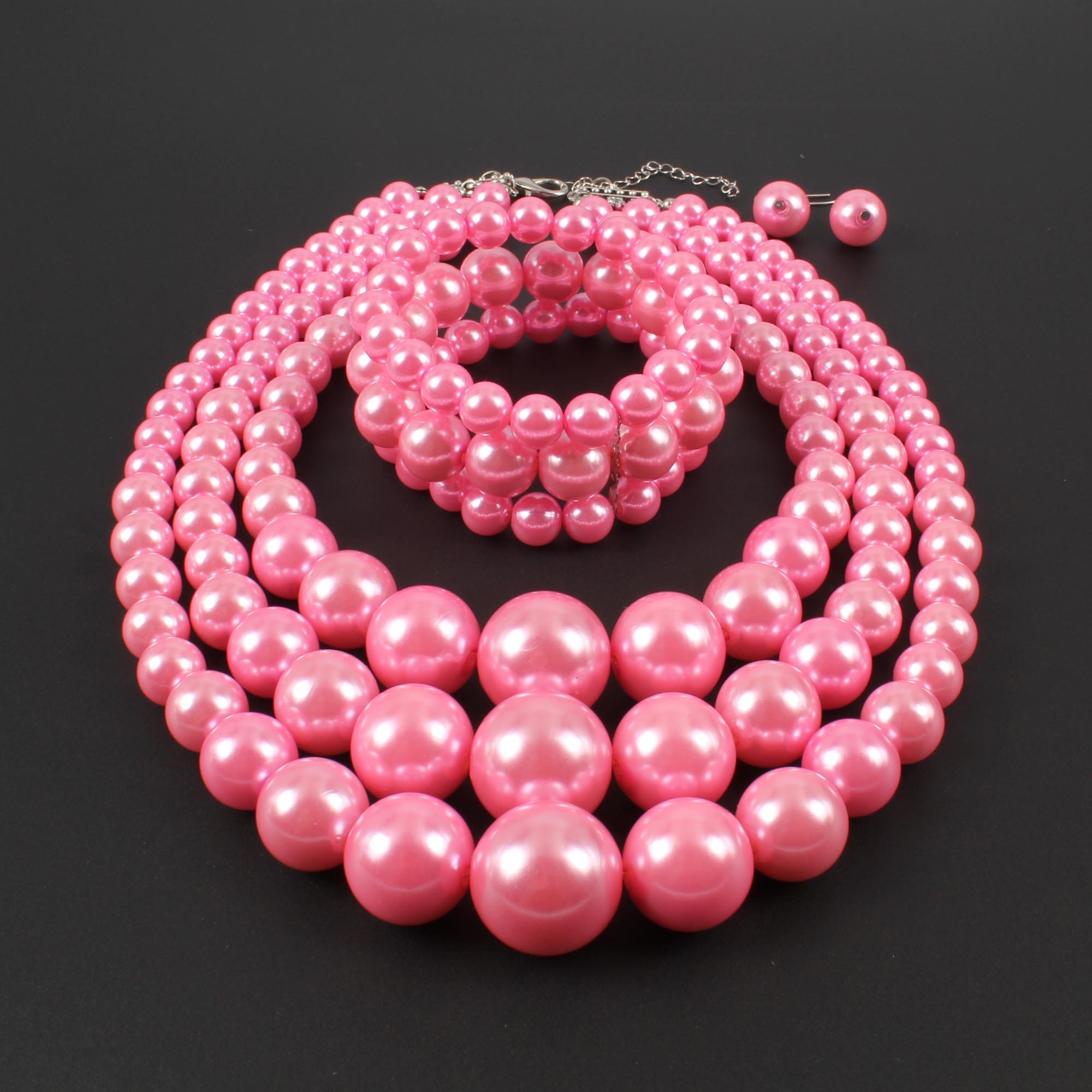 KOSMOS-LI Large Pearl Jewelry Set 3 Layer Simulated Pink Pearl Women's Statement 18" Necklace Bracelet and Earrings