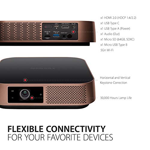 ViewSonic M2 1080p Portable Projector with 1200 LED Lumens, H/V Keystone, Auto Focus, Harman Kardon Bluetooth Speakers, HDMI, USB C, 12GB Storage, Stream Netflix with Dongle
