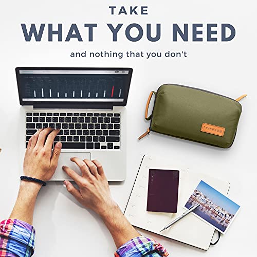 Tech Bag Organizer - Small Electronics Organizer Pouch for Travel - Premium Travel Case with Leather Accents - Mesh Pocket for Cables, Cords and Chargers - TRIPPED Travel Gear (Green)