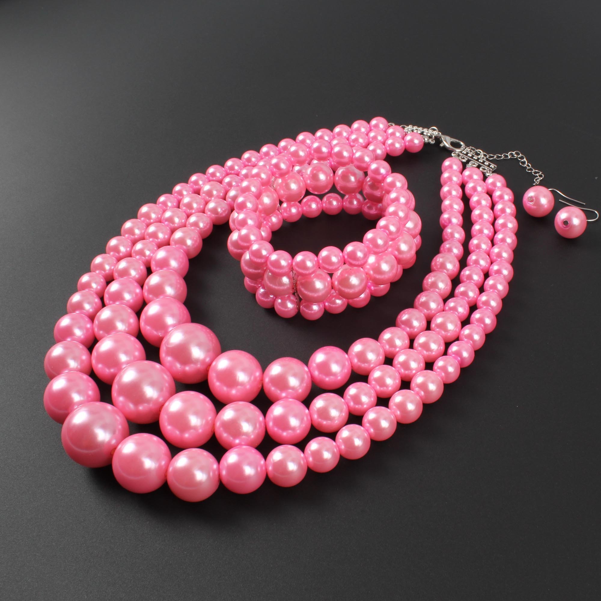 KOSMOS-LI Large Pearl Jewelry Set 3 Layer Simulated Pink Pearl Women's Statement 18" Necklace Bracelet and Earrings