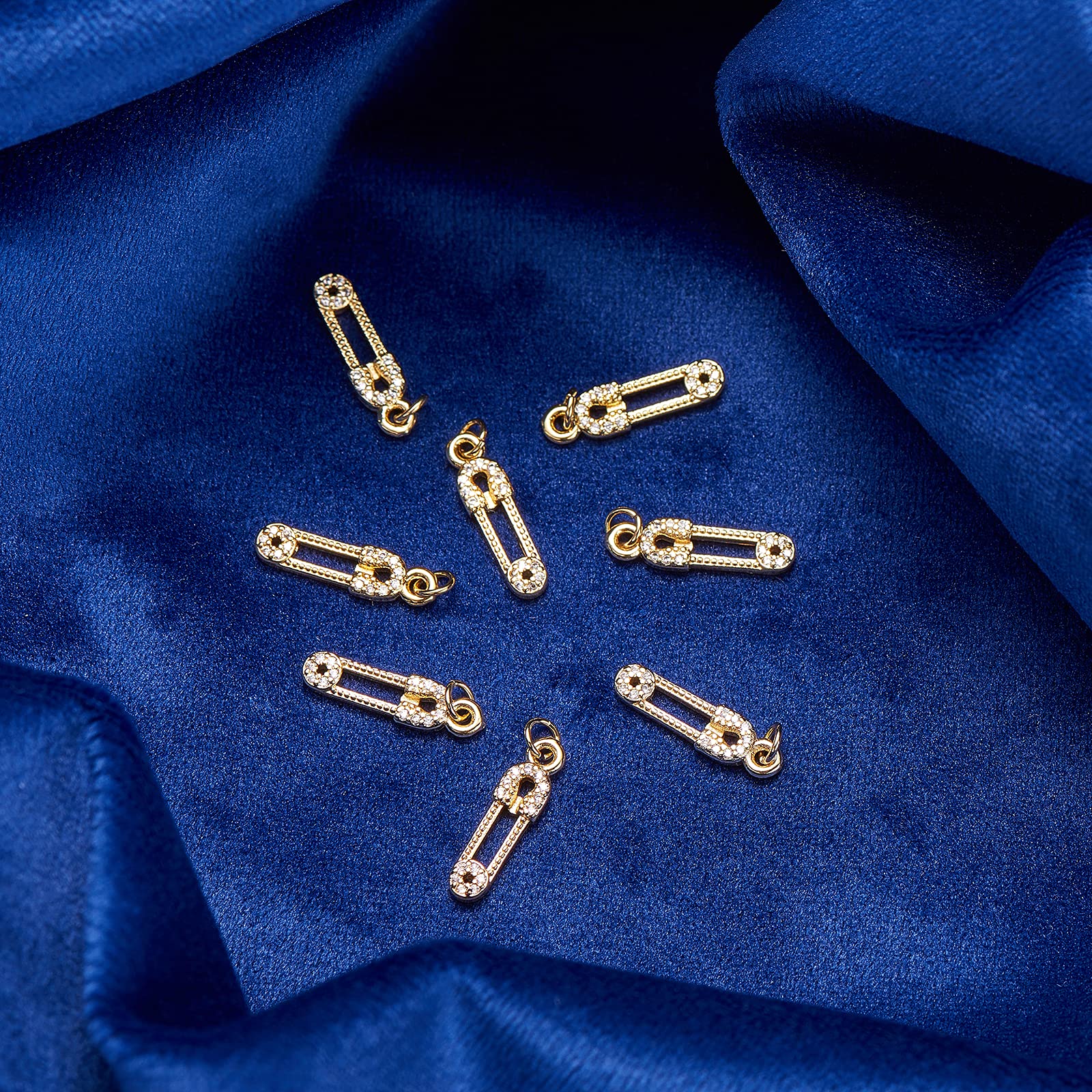 LiQunSweet 10 Pcs 17.5x5mm Safety Pin Shape Golden Brass Pendants with Clear Cubic Zirconia for Women Necklace Bracelet Earring Making