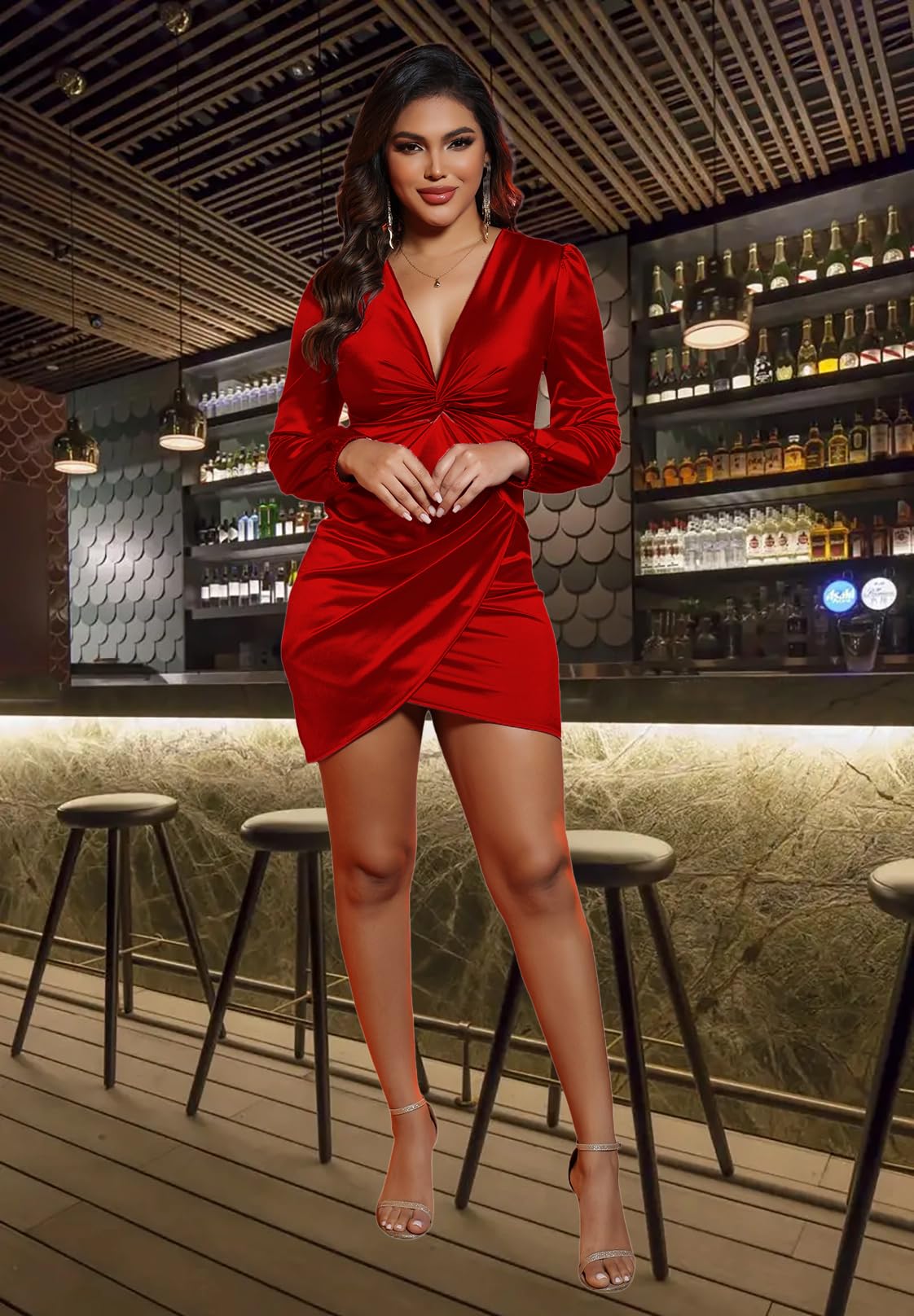 DeftSharp Women's Long Sleeve V Neck Ruched Body Dress Summer Formal Midi Dress Cocktail Party Red