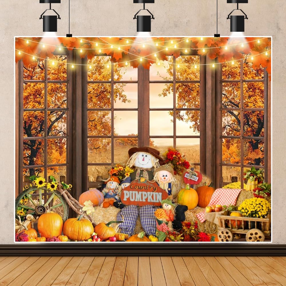 Fall Thanksgiving Backdrops for Photography Pumpkin Fall Window Photo Backdrop Scarecrow Maple Leaves Background Autumn Harvest Party Decorations Background Baby Shower Party Banner Photo Props 10x8ft