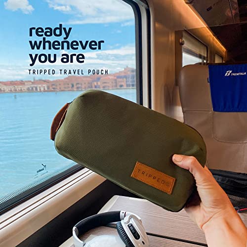 Tech Bag Organizer - Small Electronics Organizer Pouch for Travel - Premium Travel Case with Leather Accents - Mesh Pocket for Cables, Cords and Chargers - TRIPPED Travel Gear (Green)