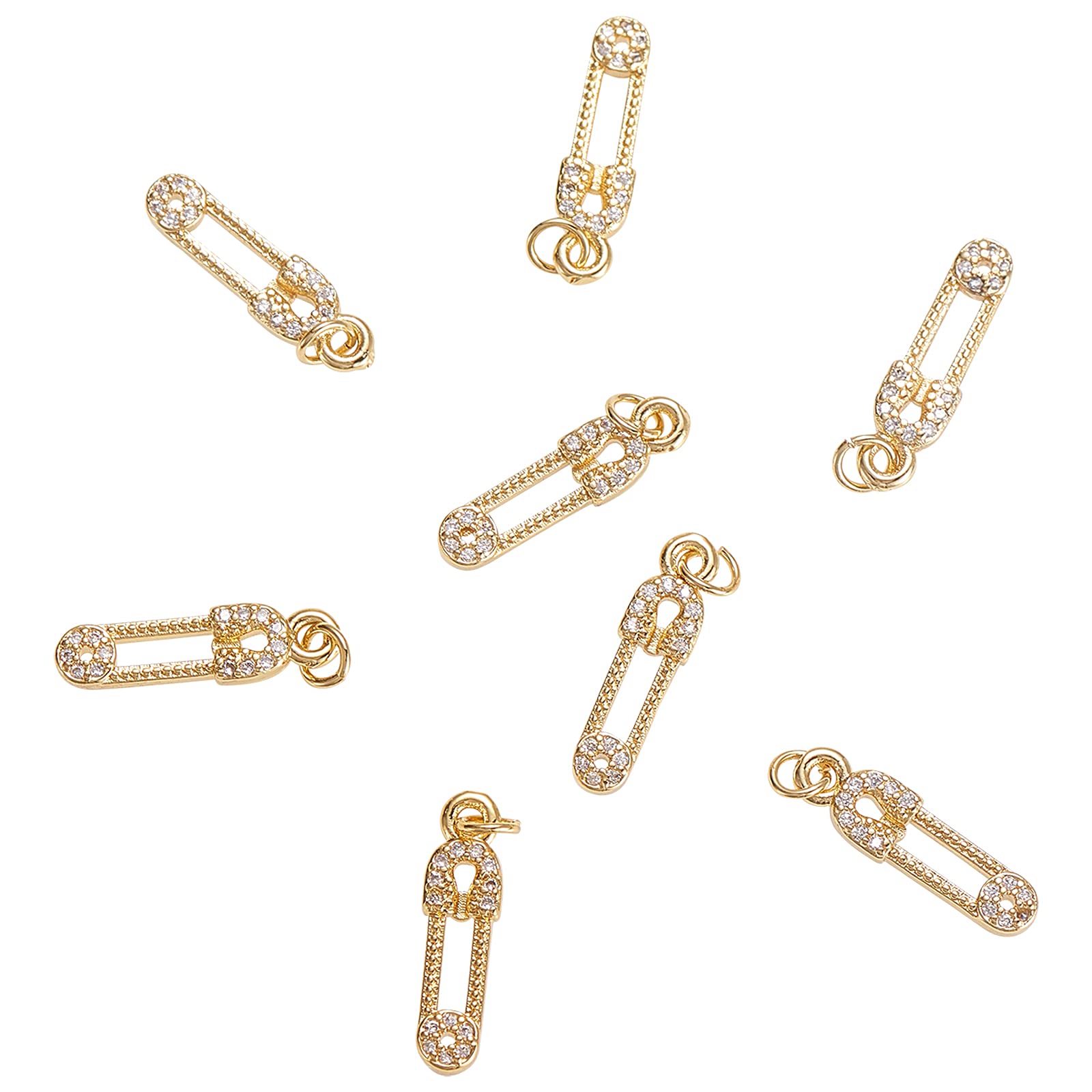 LiQunSweet 10 Pcs 17.5x5mm Safety Pin Shape Golden Brass Pendants with Clear Cubic Zirconia for Women Necklace Bracelet Earring Making