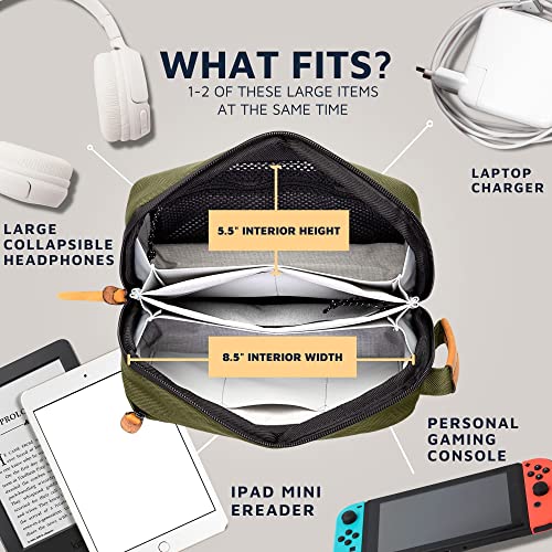 Tech Bag Organizer - Small Electronics Organizer Pouch for Travel - Premium Travel Case with Leather Accents - Mesh Pocket for Cables, Cords and Chargers - TRIPPED Travel Gear (Green)