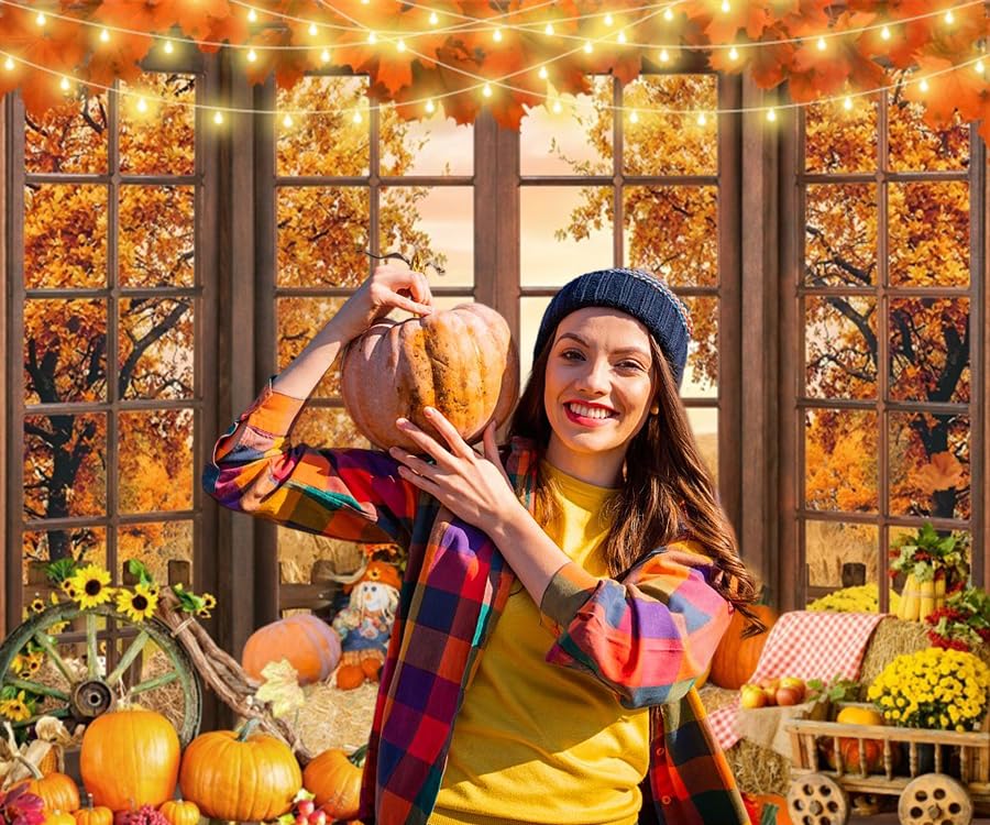 Fall Thanksgiving Backdrops for Photography Pumpkin Fall Window Photo Backdrop Scarecrow Maple Leaves Background Autumn Harvest Party Decorations Background Baby Shower Party Banner Photo Props 10x8ft