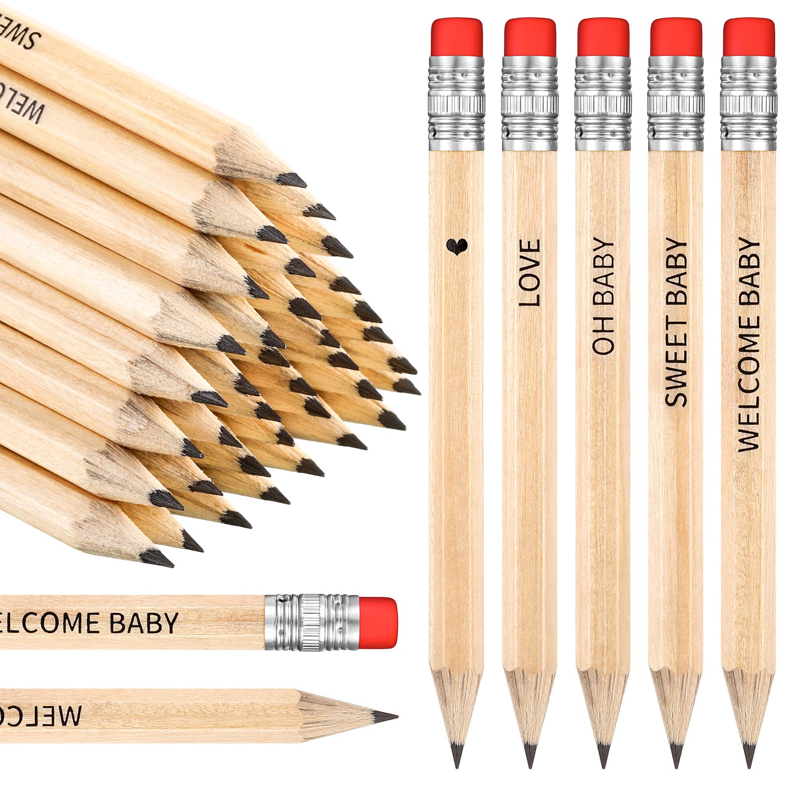 Crtiin 50 Pieces Baby Shower Pencils for Games Mini Golf Half Pencils, Presharpened with Erasers, 4 Inch(Wood Color,Simple Style)