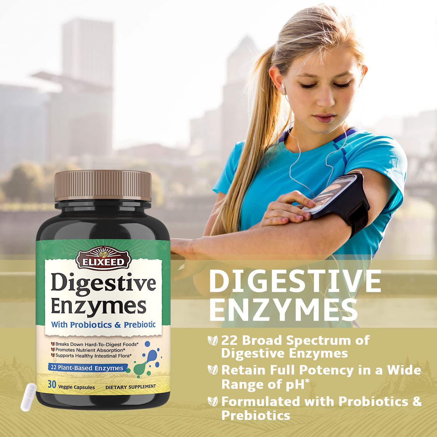 Elixeed Digestive Enzymes Plus Probiotics & Prebiotics, 22 Digestive Enzymes with Amylase, Protease, Lactase & More, Maximum Strength, for Healthy Digestion, Vegan, Non-GMO, 30 Caps